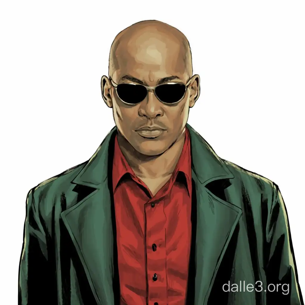 Morpheus from The Matrix in Comic Style Red Shirt and Dark Green Coat ...