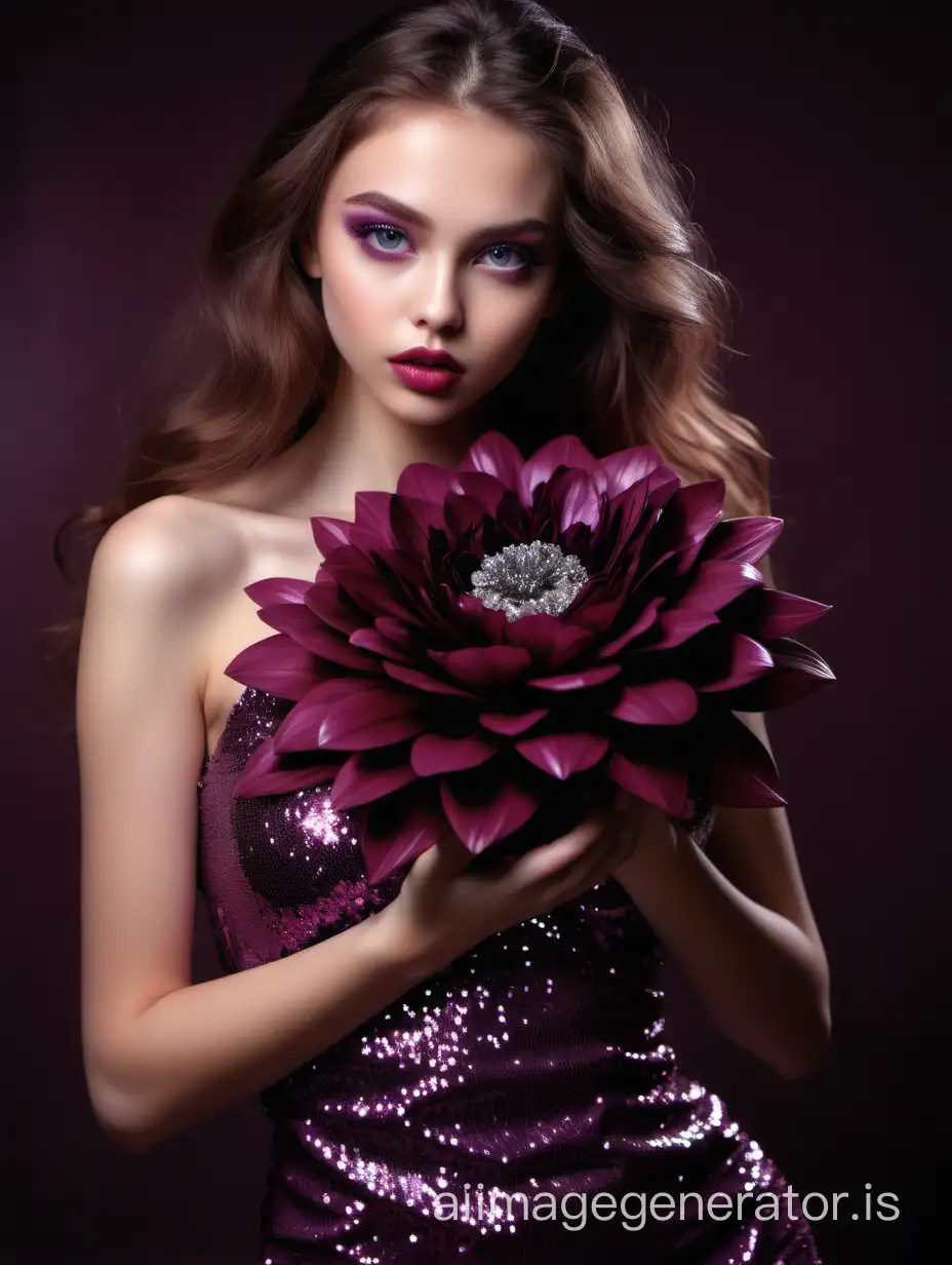 High Detail Top Model with Expressive Eyes and Burgundy Purple Flower ...