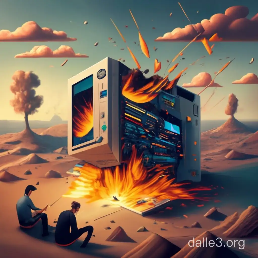Realistic Computer System Unit Explosion with Nearby Observer | Dalle3 AI