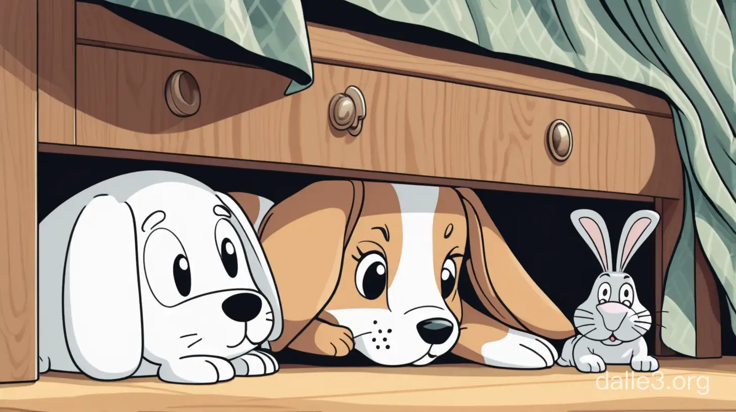 Playful Cartoon Dog and Rabbit Hiding in a Cozy Room | Dalle3 AI