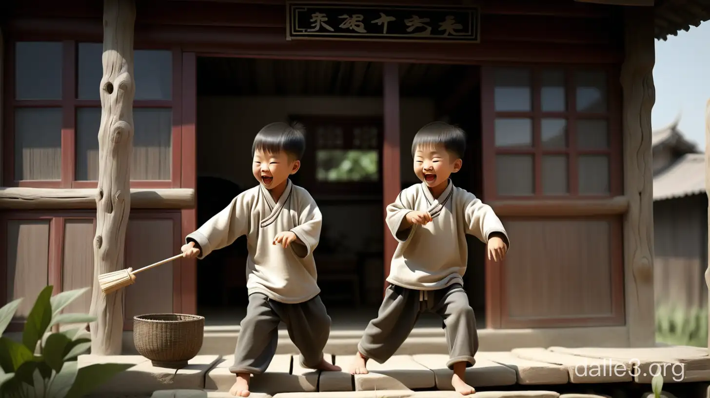 Rural Chinese Boys Playing Outside Wooden House | Dalle3 AI