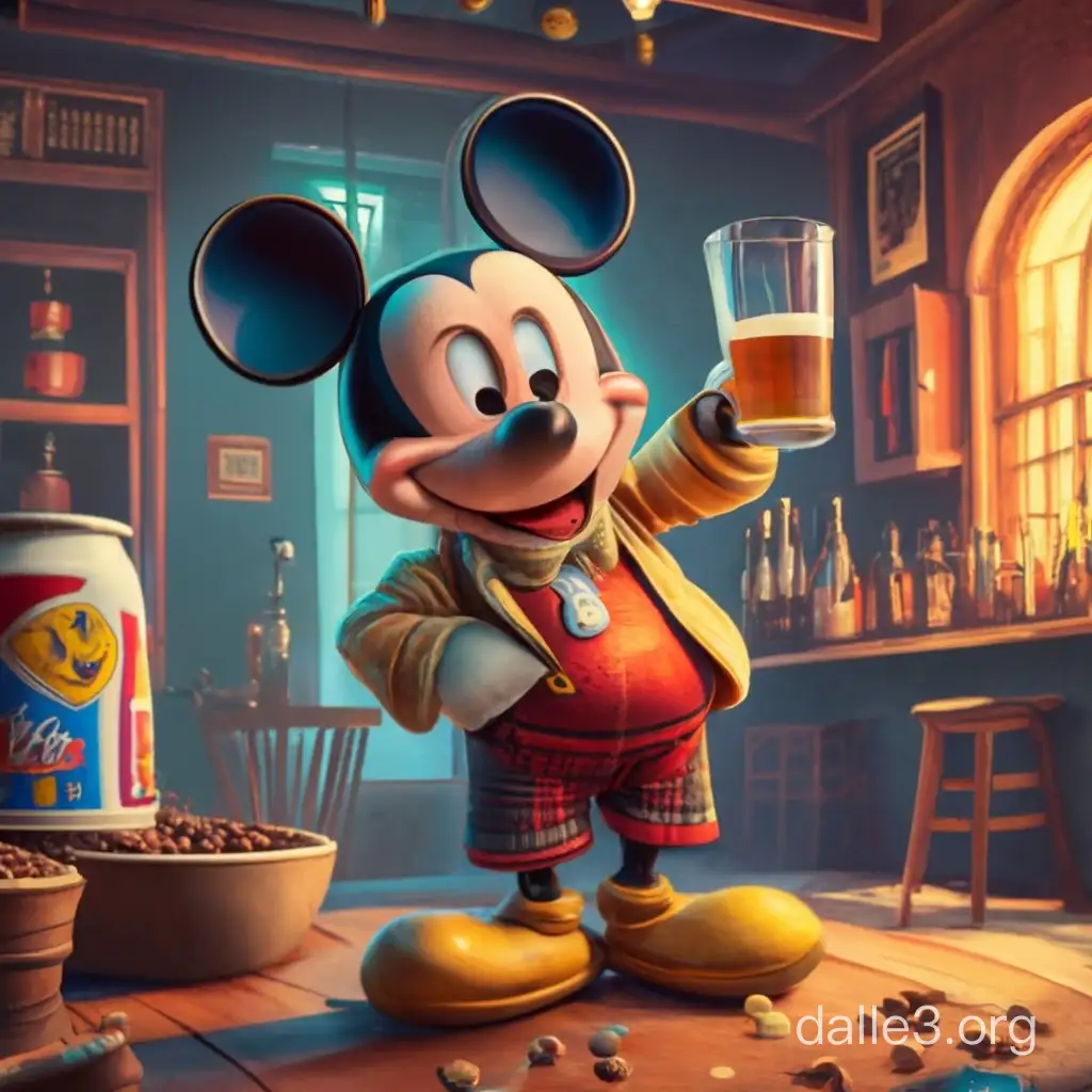 Pixarstyle 3D Rendering Mickey Mouse Enjoying a Refreshing Beer | Dalle3 AI