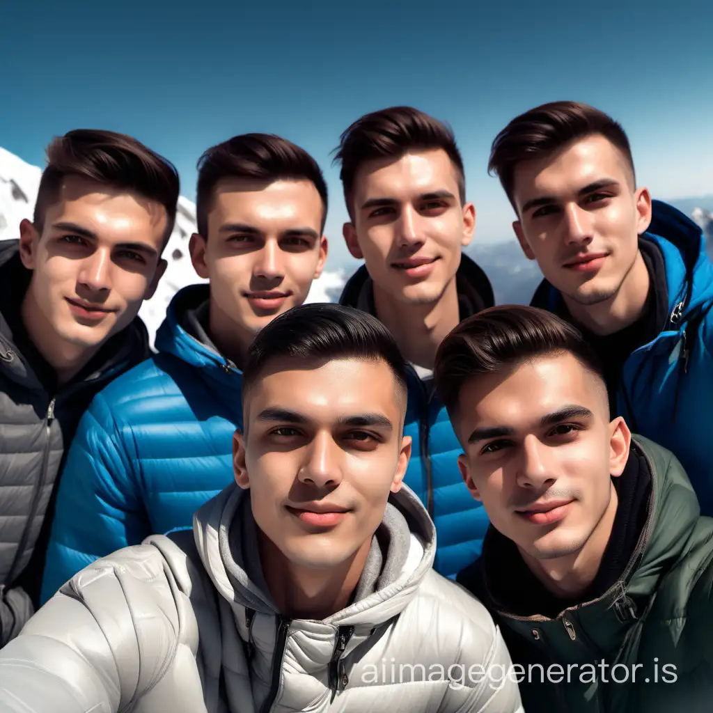 Six Male Friends Posing for Profile Picture on Mountain Summit | AI ...