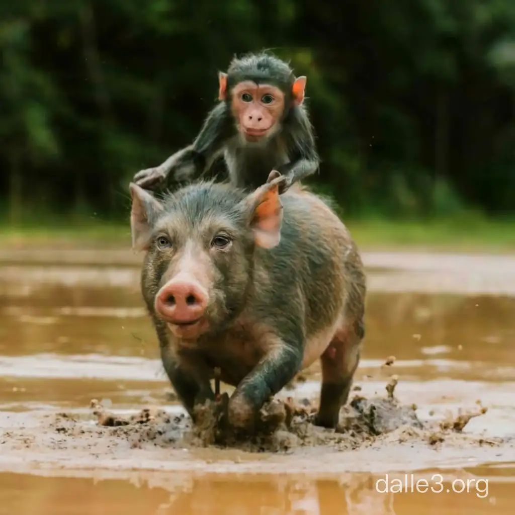 Monkey Riding Pig in Muddy Puddle Adventure | Dalle3 AI