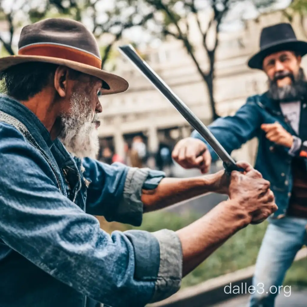 Urban Street Struggle Homeless Man Confronts SwordWielding Attacker ...