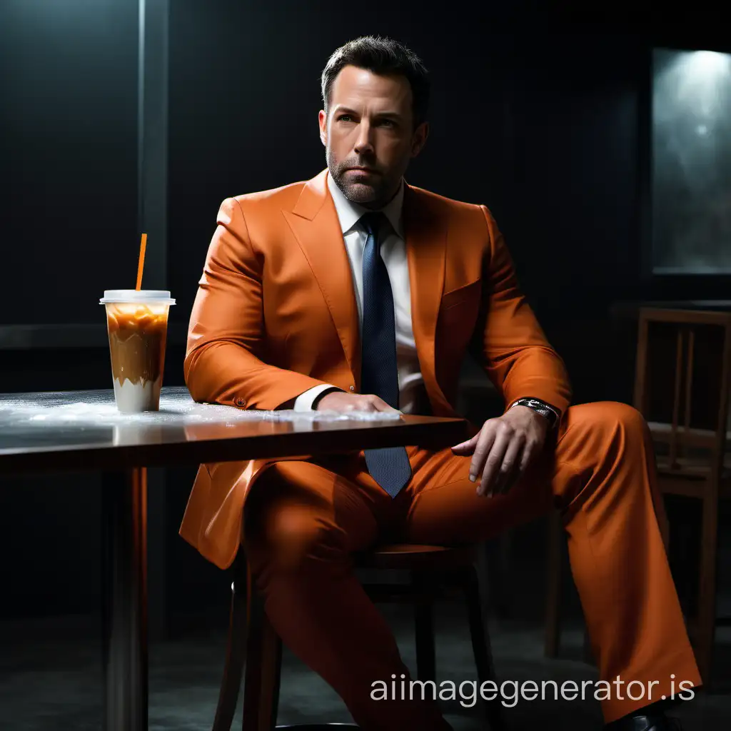 Ben Affleck in Orange Suit Drinking Iced Coffee in Dark Room | AI Image ...