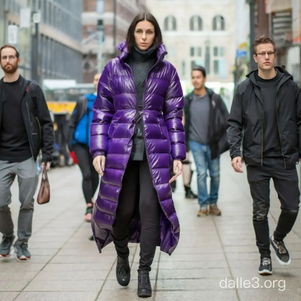 Stylish Woman in Bright Purple Down Jacket with Urban Background ...