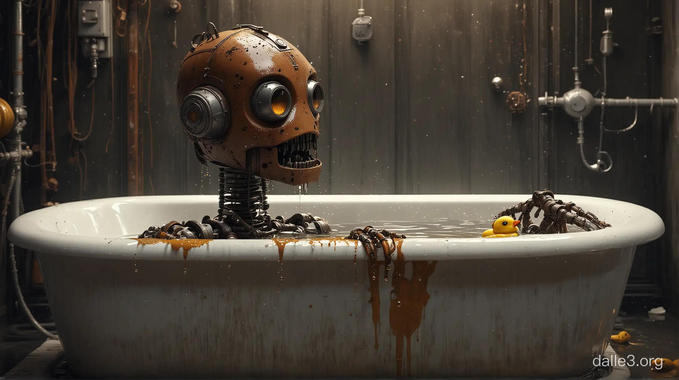 Retro Robot Bathing In Machine Oil With Rubber Duck Dark Cartoon Scene