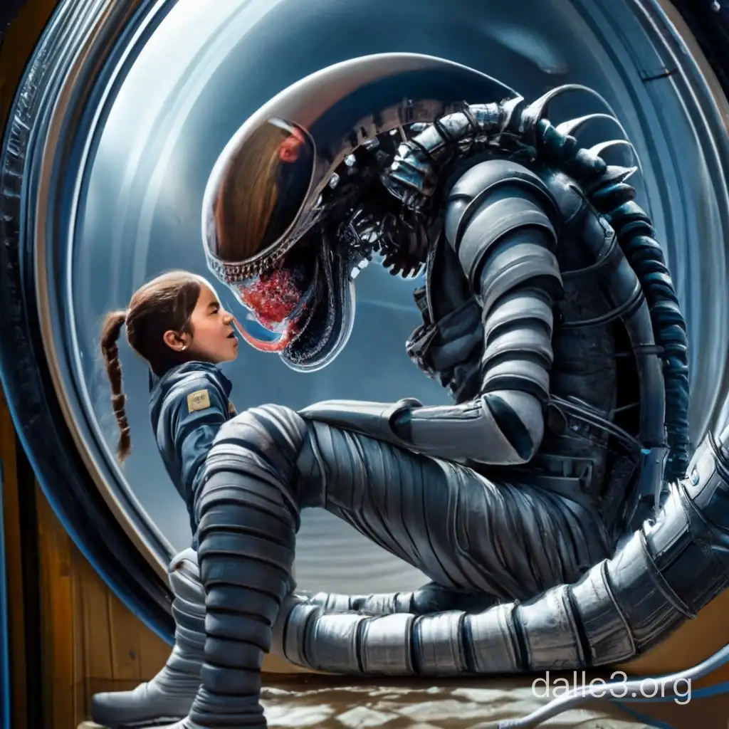 Courageous Girl Enters Space Suit under Gaze of Alien Xenomorph | Dalle3 AI