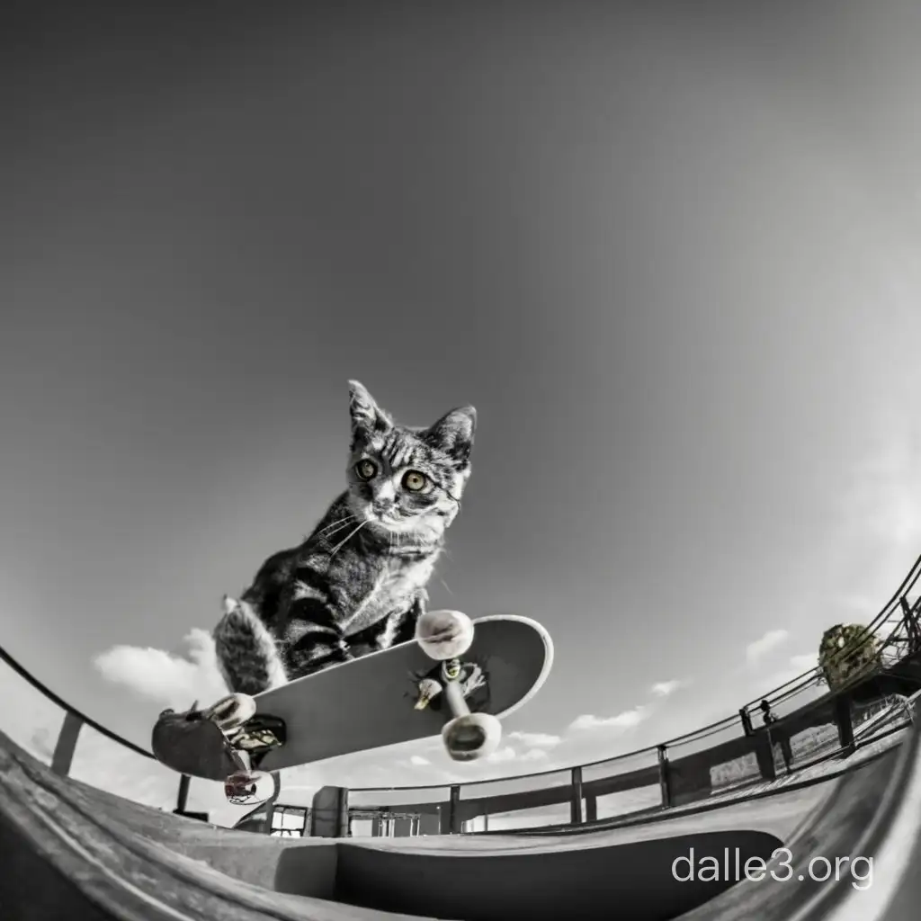 Cat Kickflips Skateboard in Monochrome FishEye Scene | Dalle3 AI
