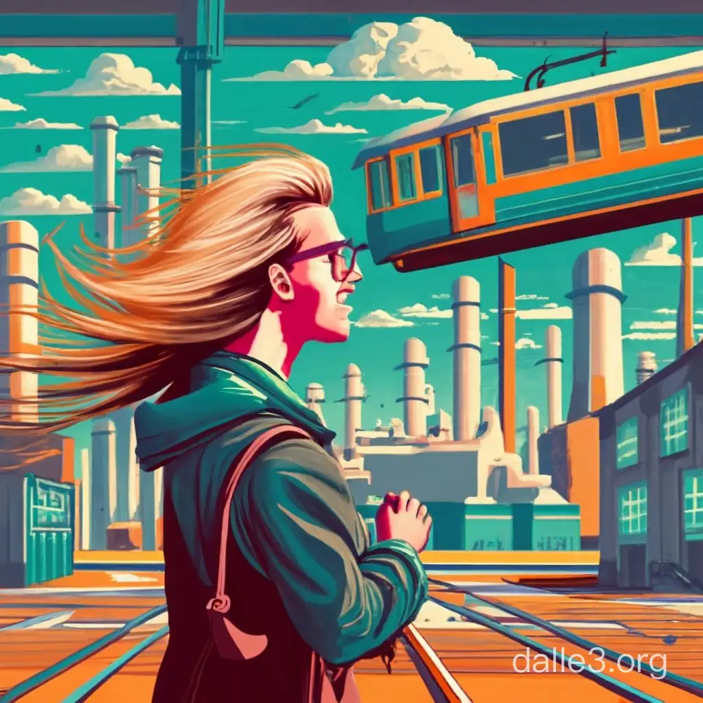 Energetic Escape LongHaired Man Dodging Flying Tram at Factory | Dalle3 AI