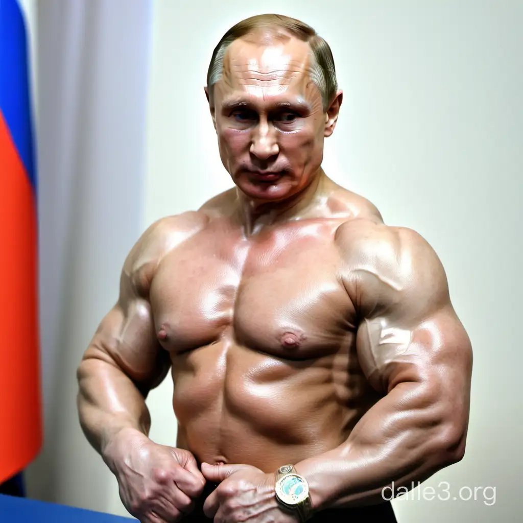 Vladimir Putin as a Muscular Bodybuilder Flexing | Dalle3 AI
