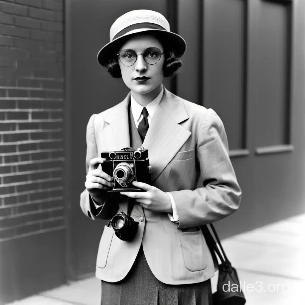 1920s Female Reporter with Camera and Horn Rimmed Glasses | Dalle3 AI