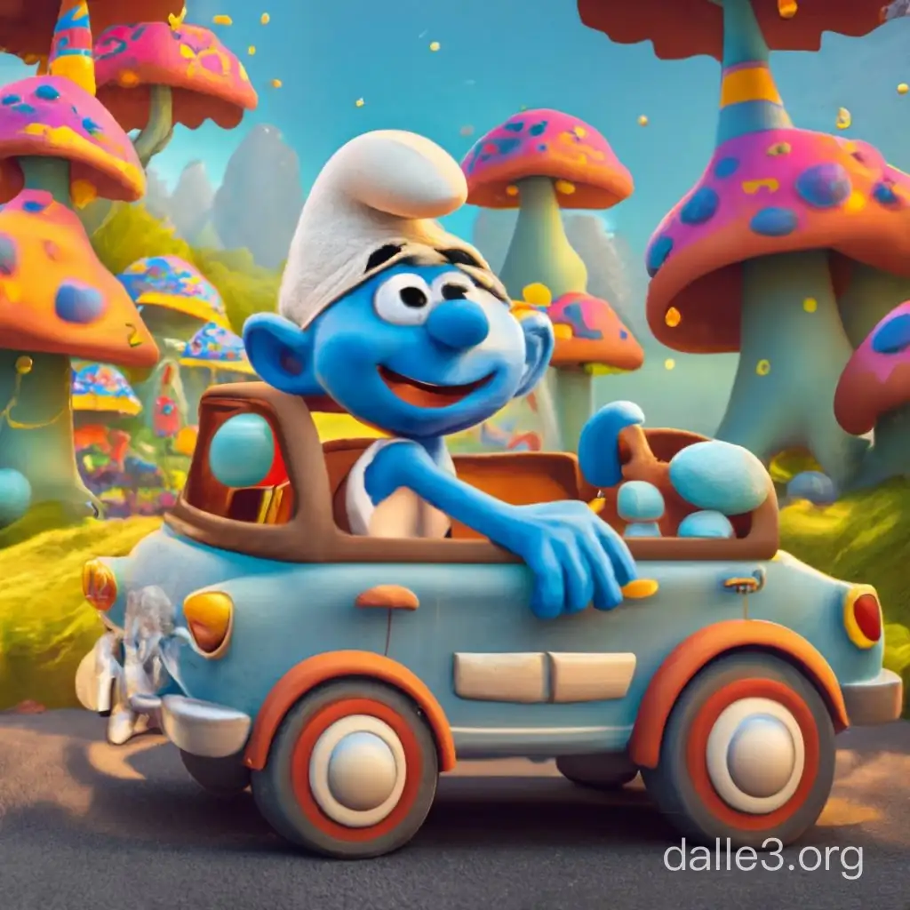 Smurf Enjoying a Scenic Drive in Smurf Village | Dalle3 AI