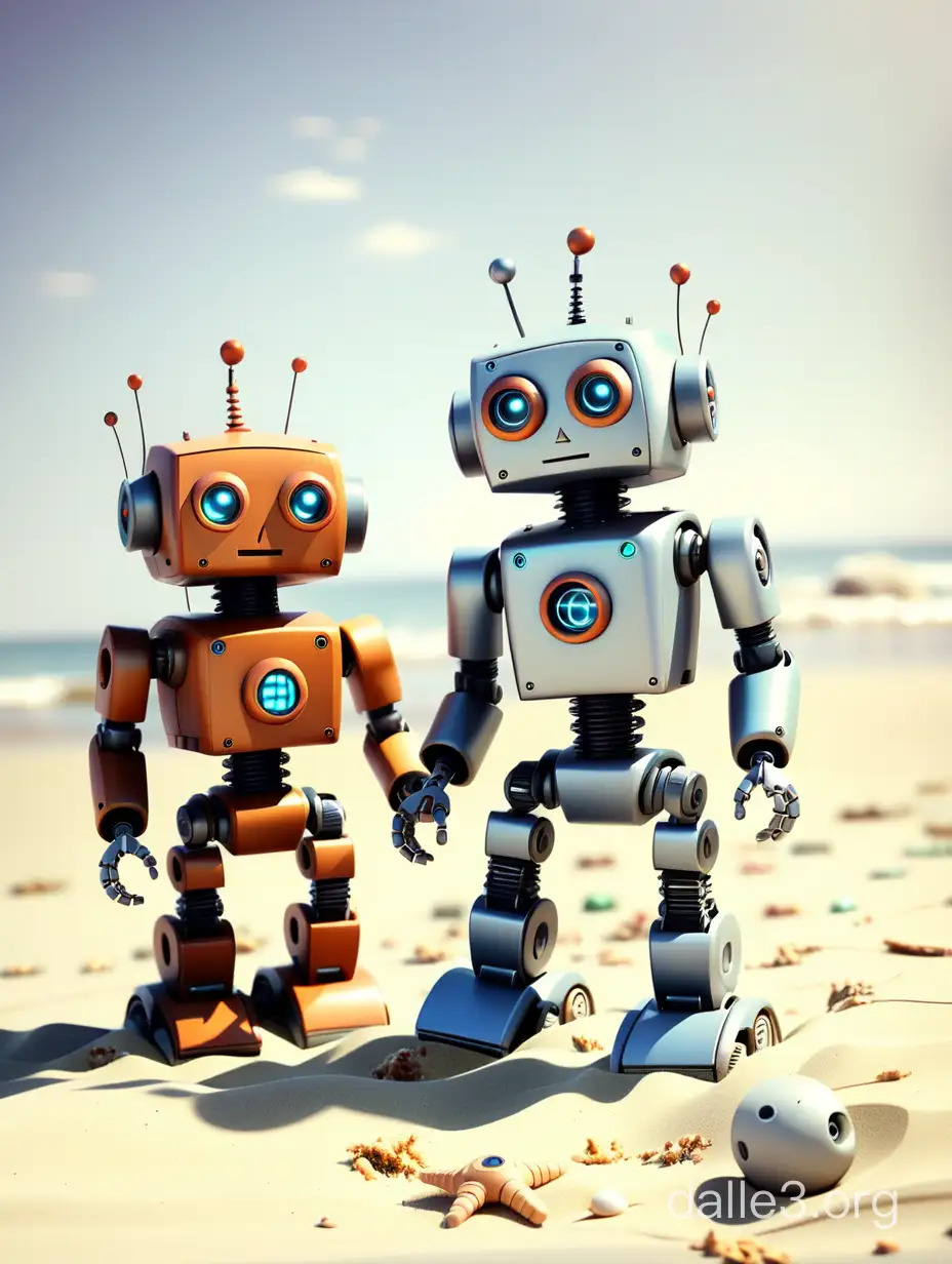 Two Little Robots Enjoying a Day at the Beach | Dalle3 AI