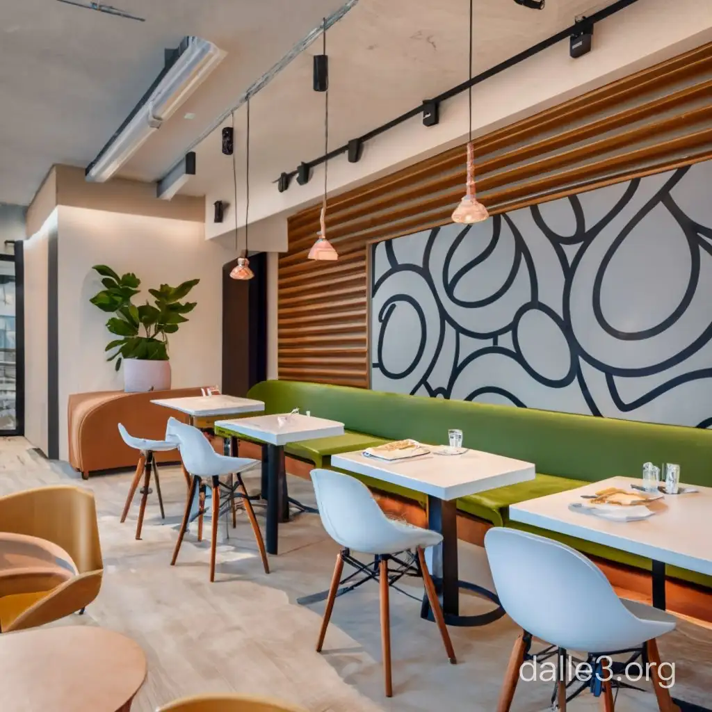 Office Cafeteria Interior Design with Wall Drawings | Dalle3 AI