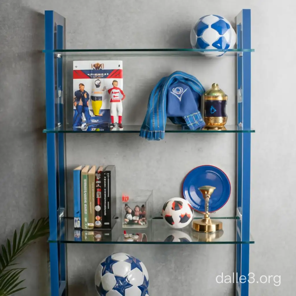 Blue Souvenir Display with Soccer Memorabilia | Dalle3 AI