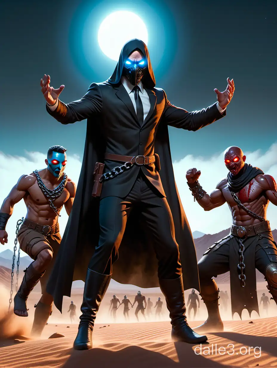 Epic Battle Men in Black vs Giant with Glowing Eyes in Desert Landscape ...