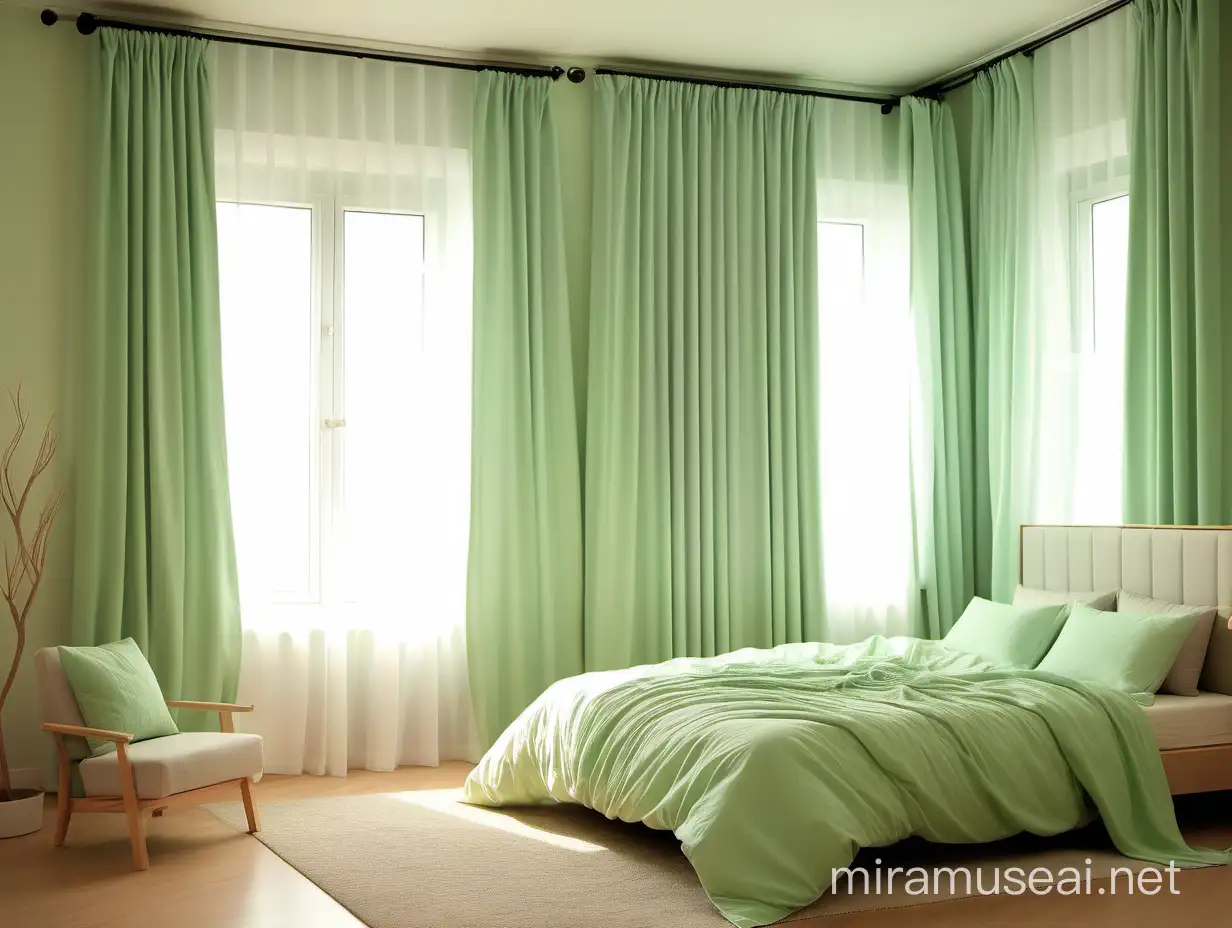 Cozy Bedroom Interior with Light Green Curtains | MUSE AI