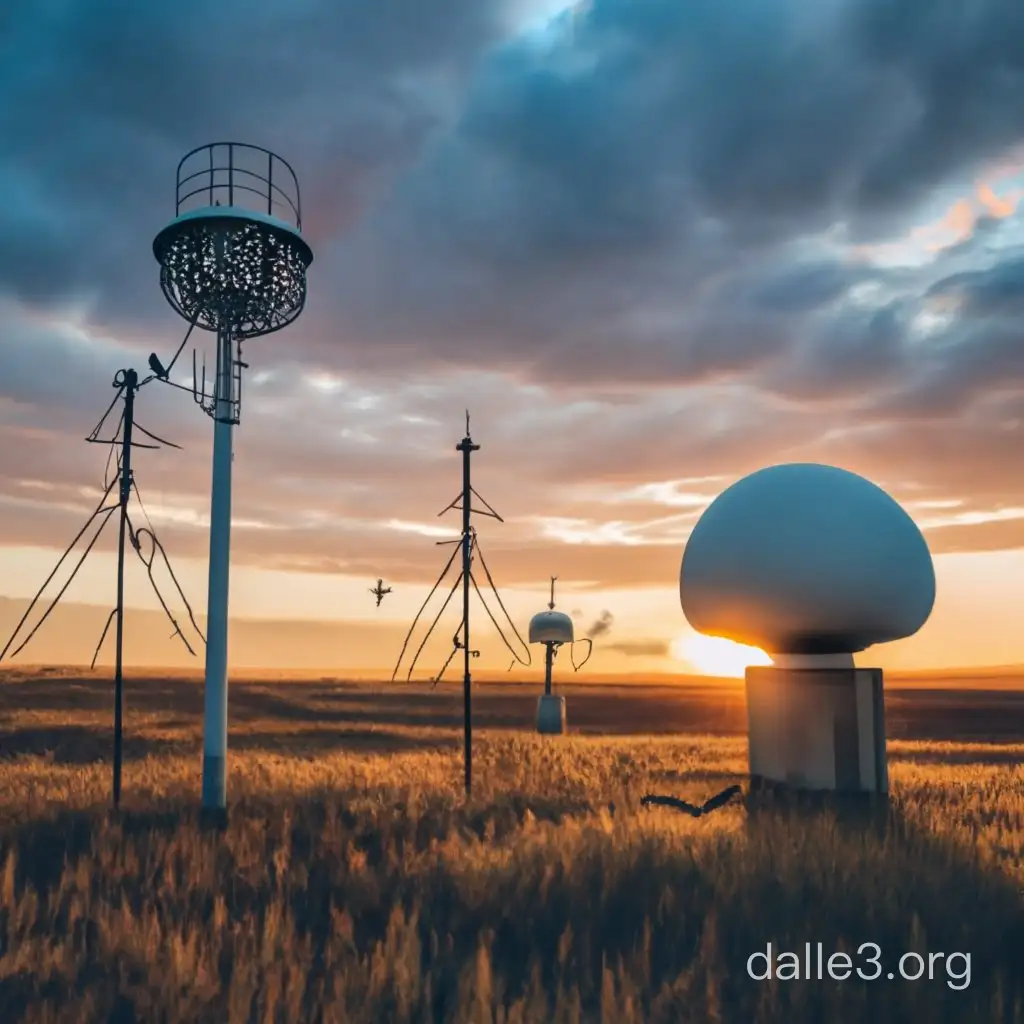 Realistic Radio Listening Post with Wire Antennas and Radome at Dusk ...