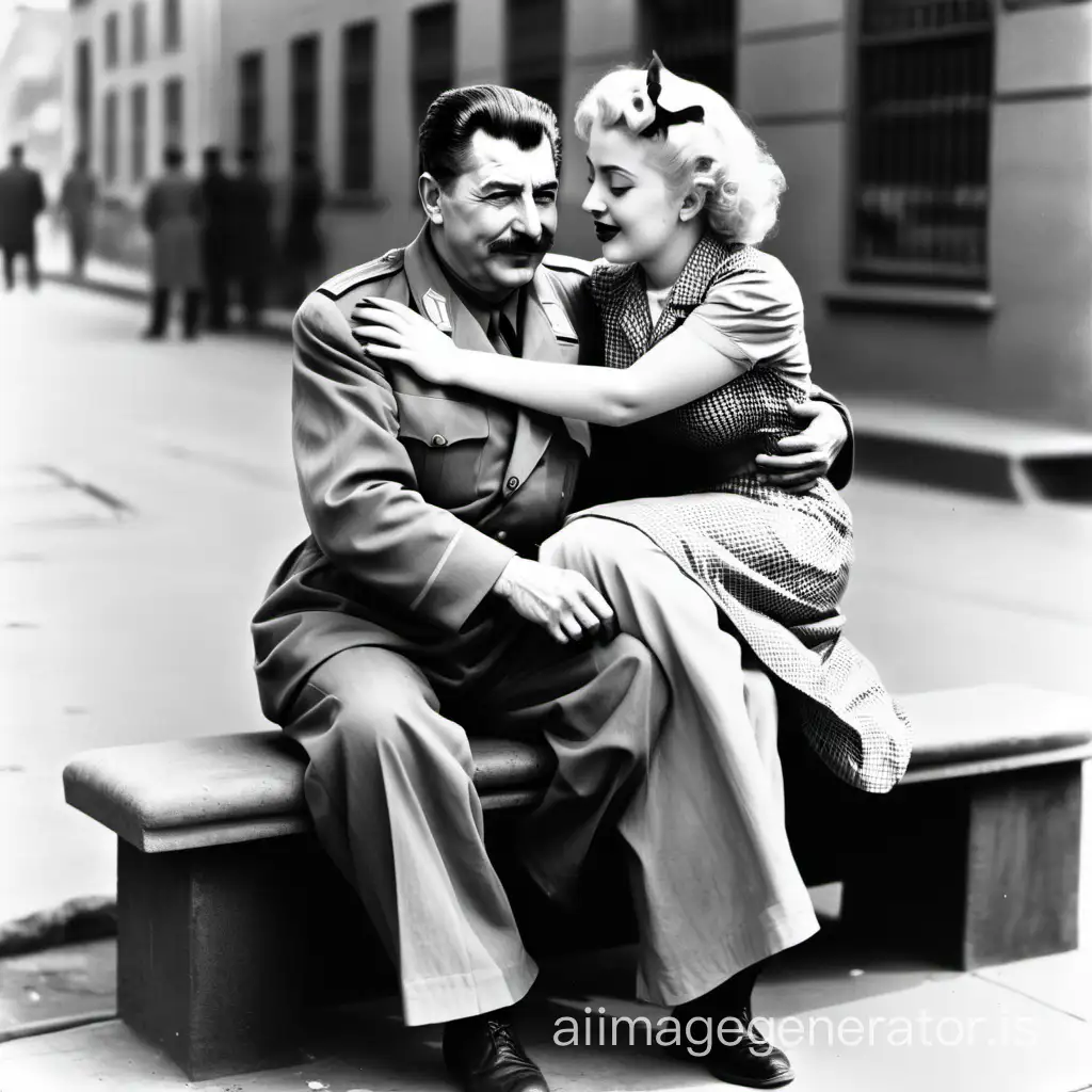 Joseph Stalin Embracing Marilyn Monroe on a Park Bench | AI Image Generator