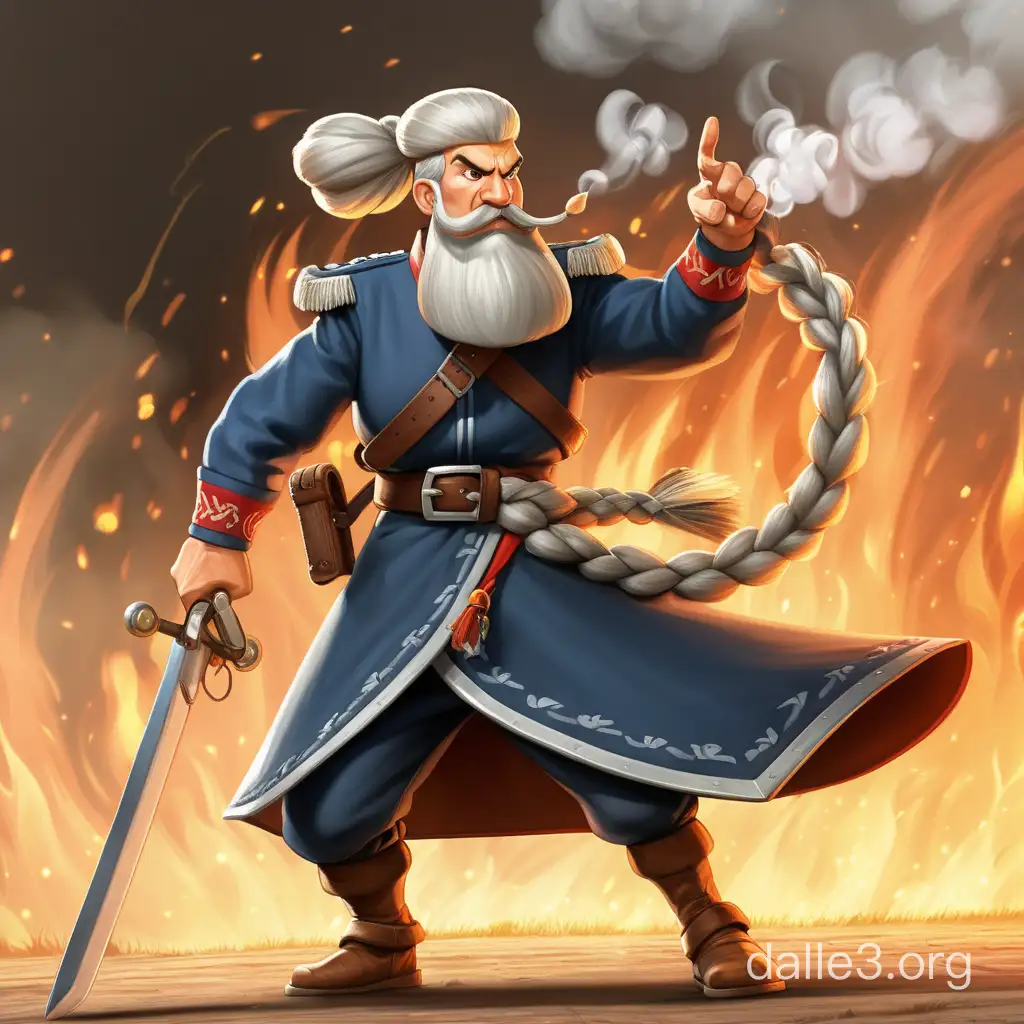 Cartoon Cossack Warrior with Sword and Shield in Fiery Battle Arena ...