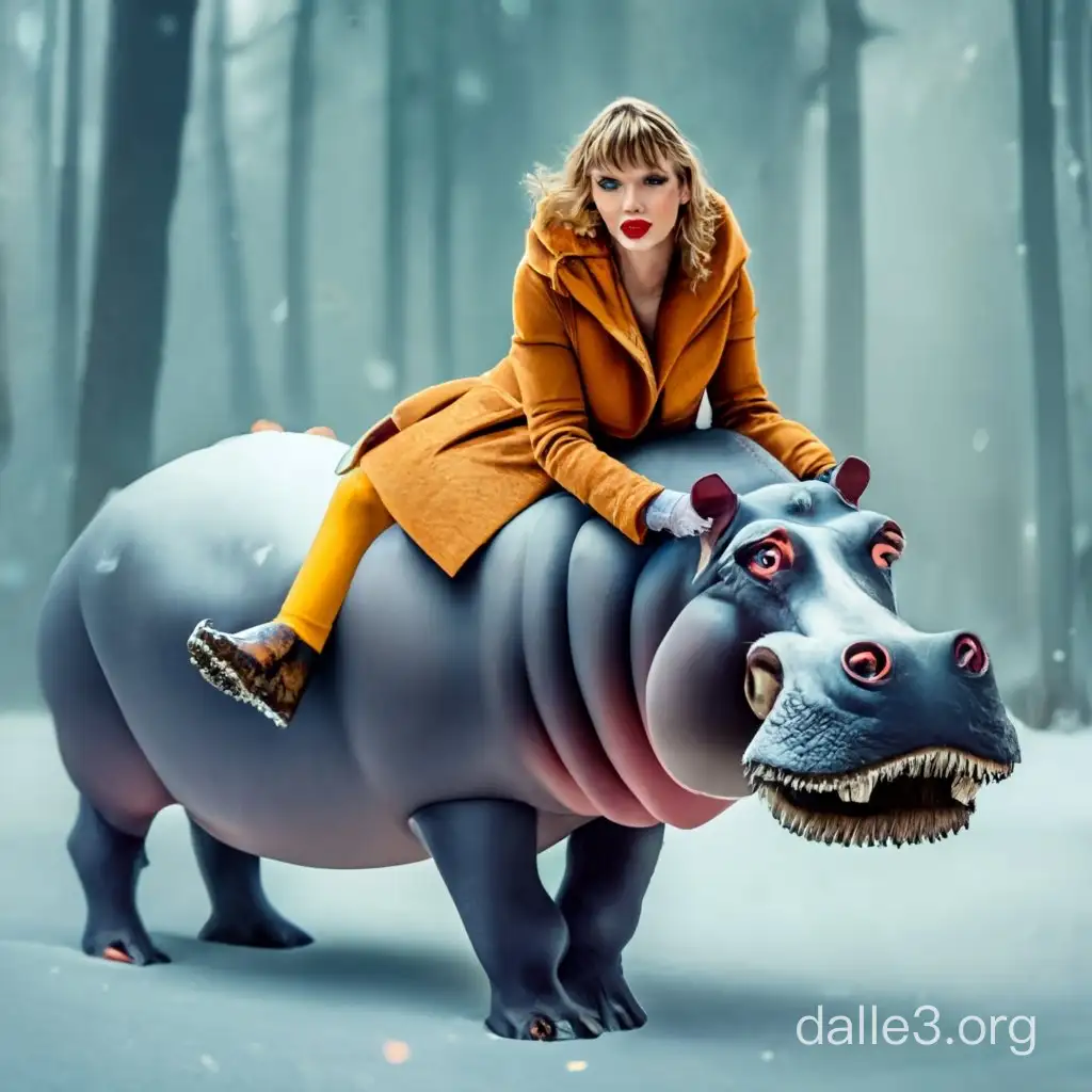 Taylor Swift Joyfully Riding a Hippo in a Winter Wonderland Embracing ...