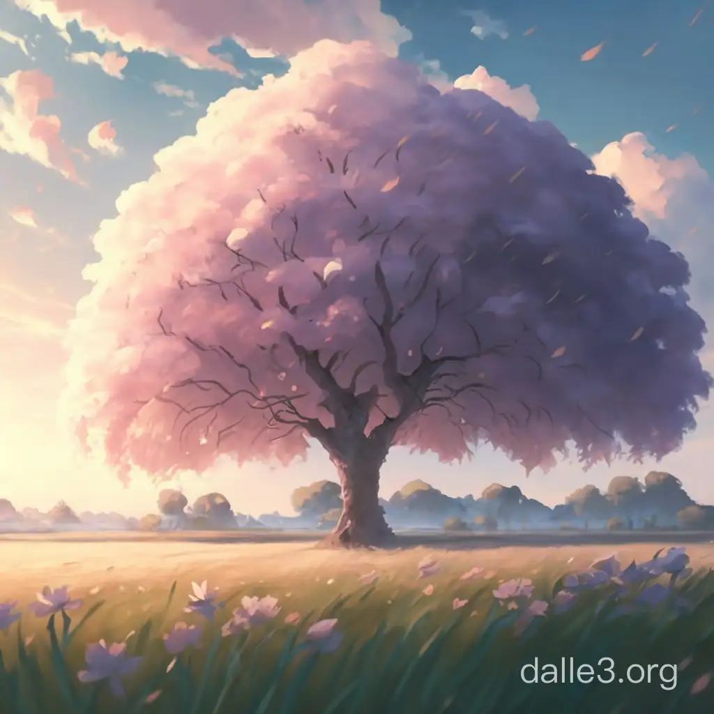 Dawn Sakura Tree Anime Drawing in Clear Field | Dalle3 AI