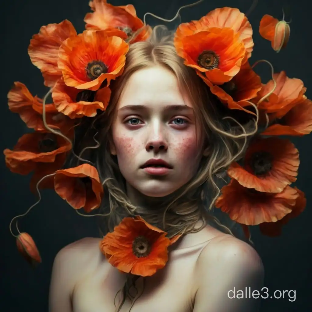 Beautiful Girl Surrounded by Whirling Poppy Petals and Smoke Rings ...