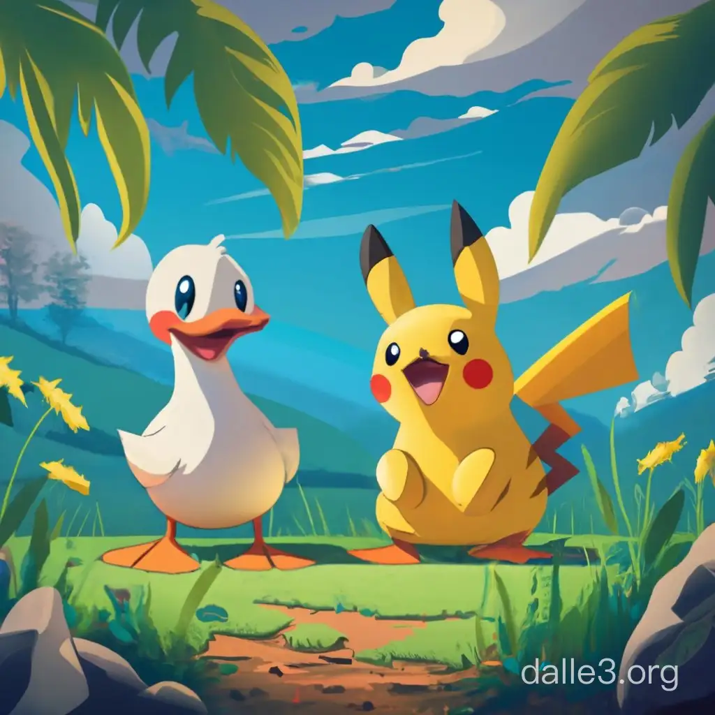 Cheerful Encounter White Duck and Pikachu in Anime Style | Dalle3 AI
