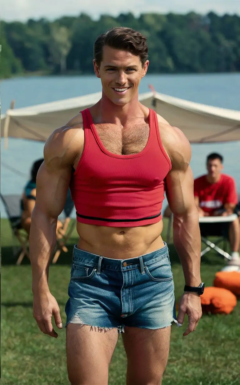 Muscular College Man in Vintage 80s Camping Attire | AI Image Generator