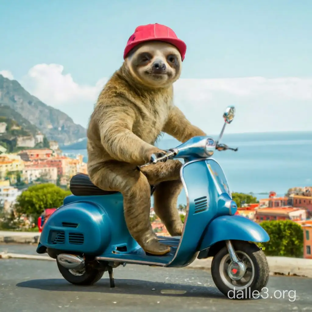 Hipster Sloth Riding Vintage Vespa Scooter on Amalfi Coast | Dalle3 AI