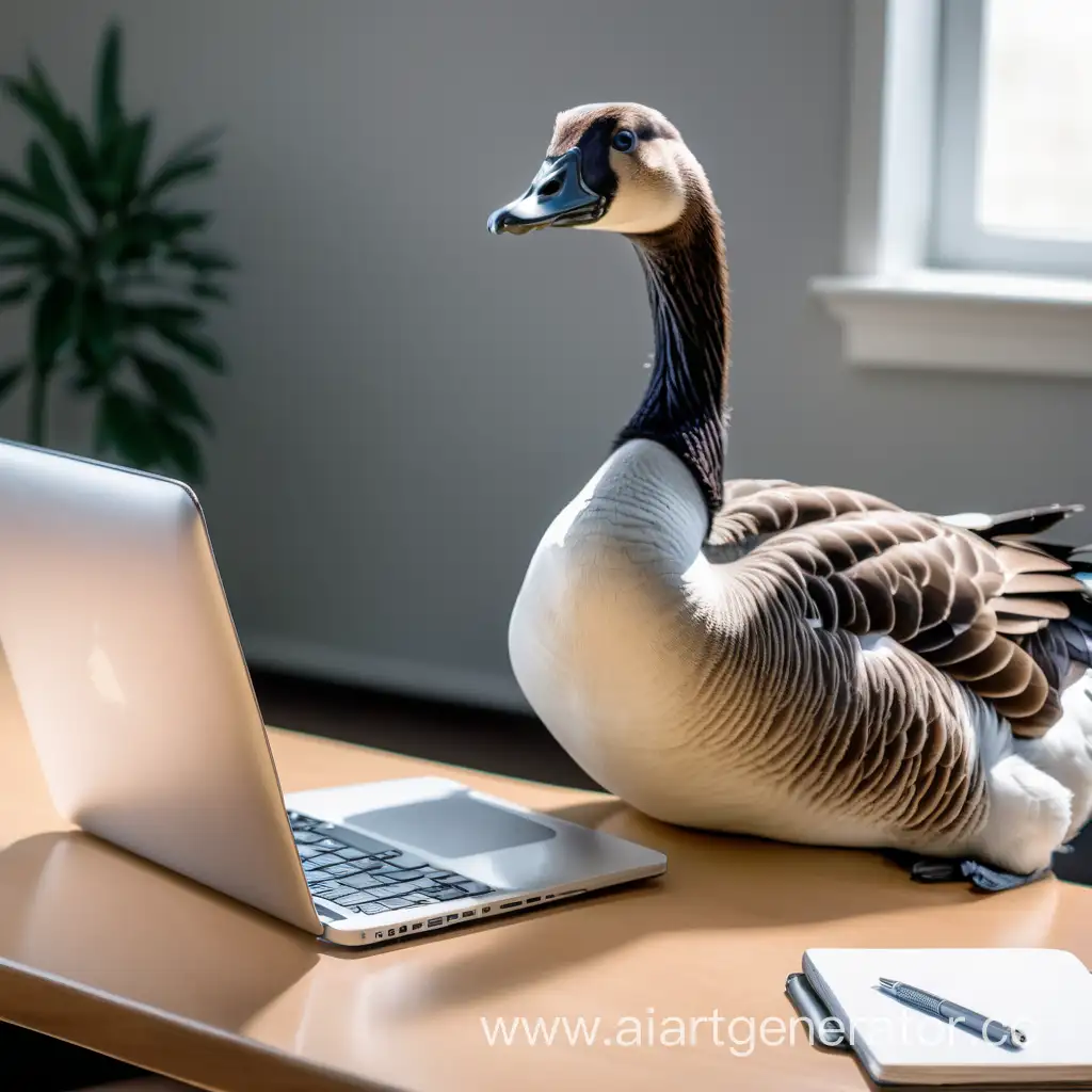 Nervous Goose Typing Frantically at Table with Laptop | AI Art Generator