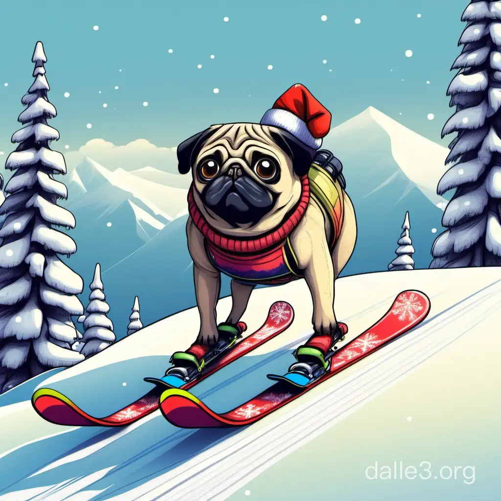 Adorable Pug Skiing Down a Snowy Mountain Slope | Dalle3 AI