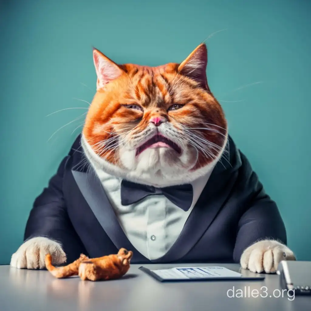Office Work Fat Ginger Cat in Tuxedo Crying | Dalle3 AI