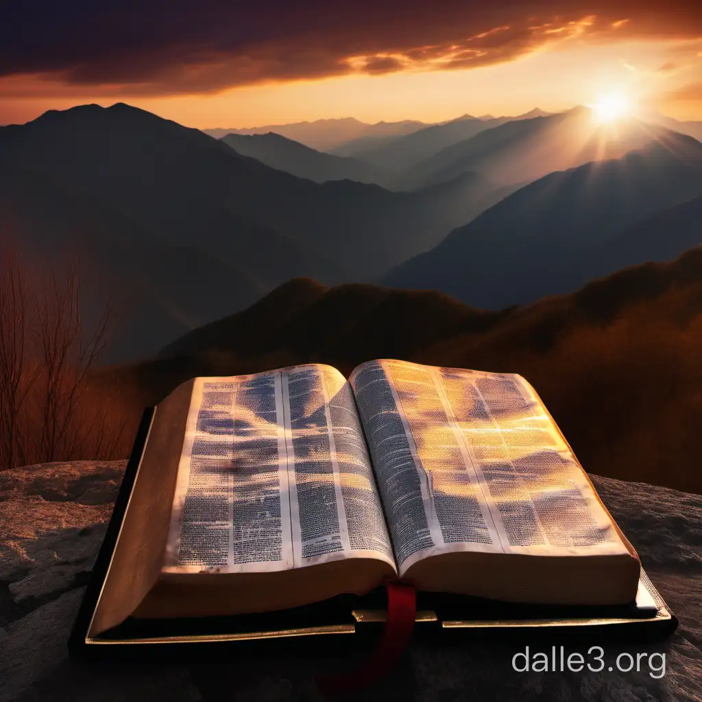 Bible with Majestic Mountain Sunset Background | Dalle3 AI