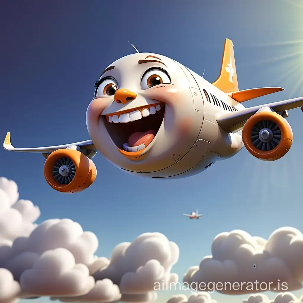 Cheerful Airplane Flying in Bright Blue Sky | AI Image Generator