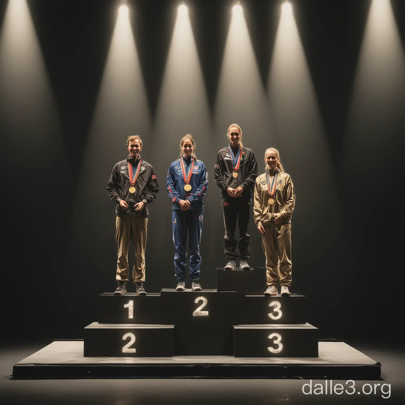 Three Tier Medal Podium Under Spotlights Winners Celebrating Success ...