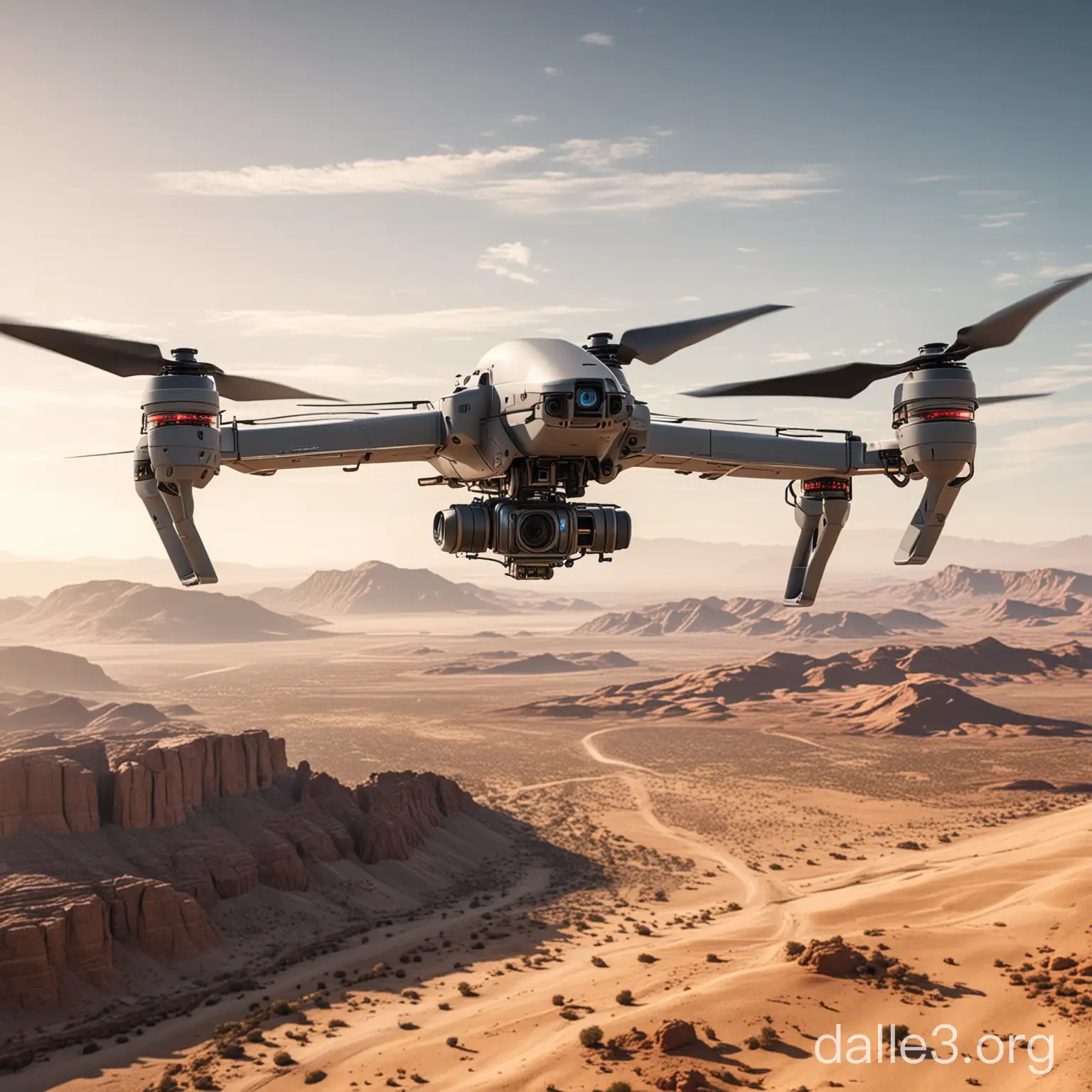 Advanced Military Drone Quadcopter with Surveillance System Flying Over ...