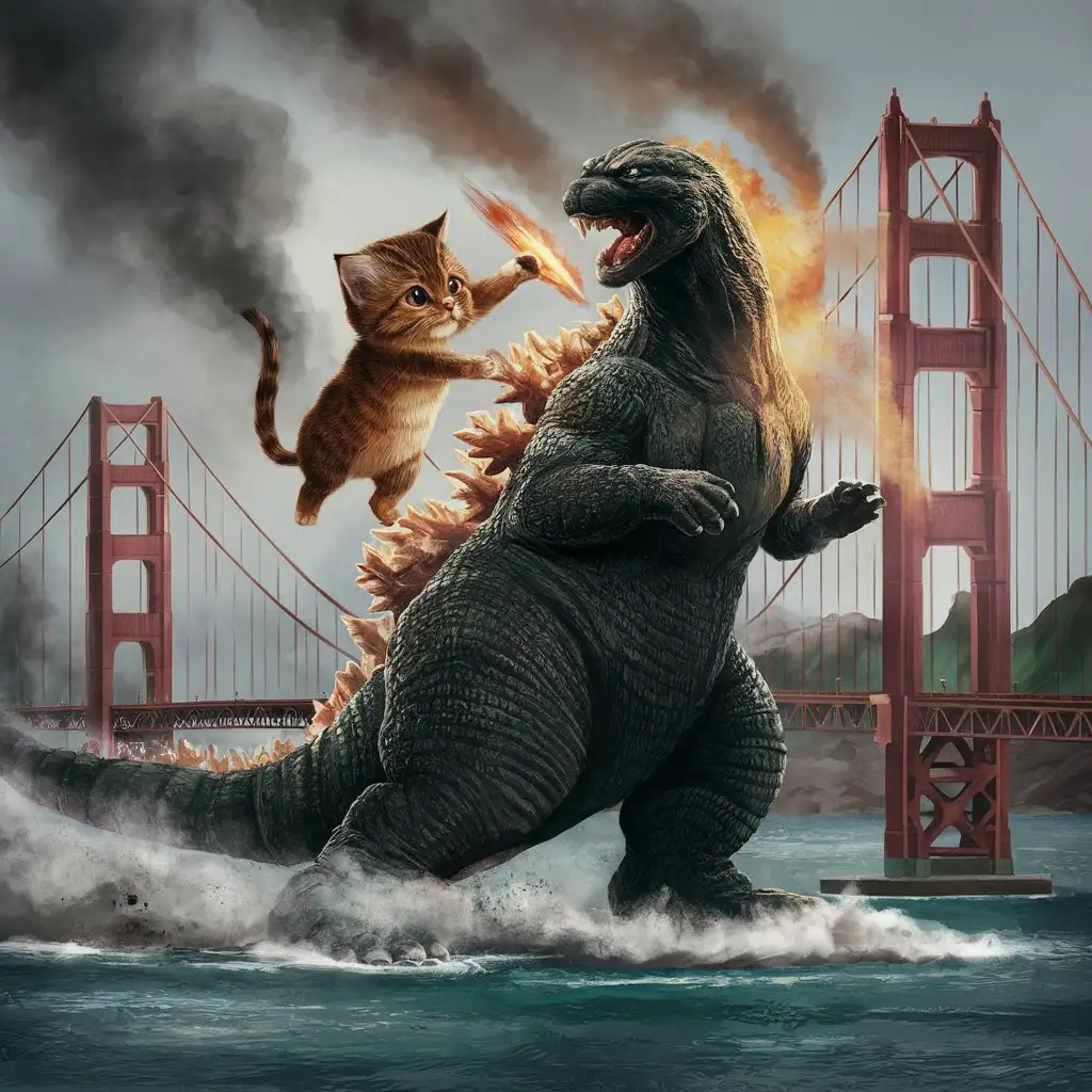 Tiny Tabby Cat Takes on Godzilla in San Francisco Bay | Dalle3 AI