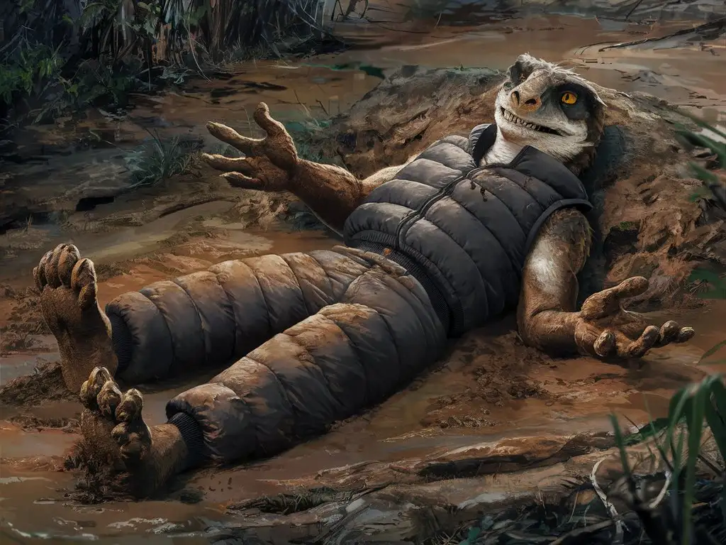 Anthropomorphic Raptor in Mud Wearing Puffer Pants and Jacket | Dalle3 AI